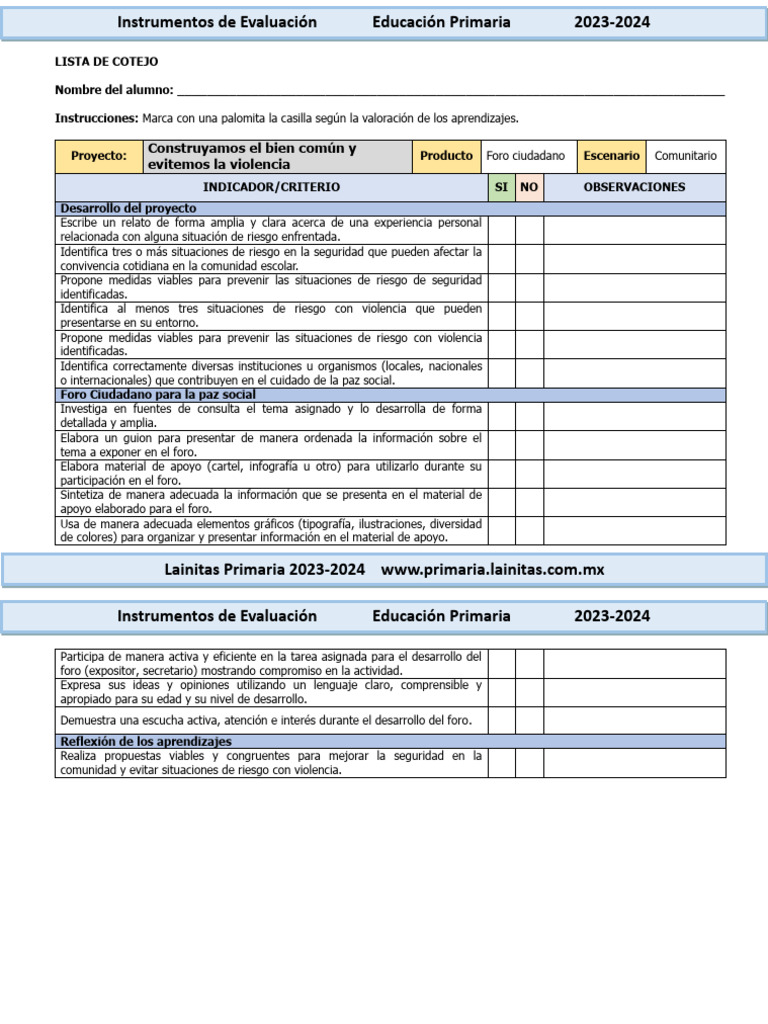 6to Grado Febrero - Instrumentos de Evaluaci N (2023-2024) | PDF | Evaluación | Inclusión ...