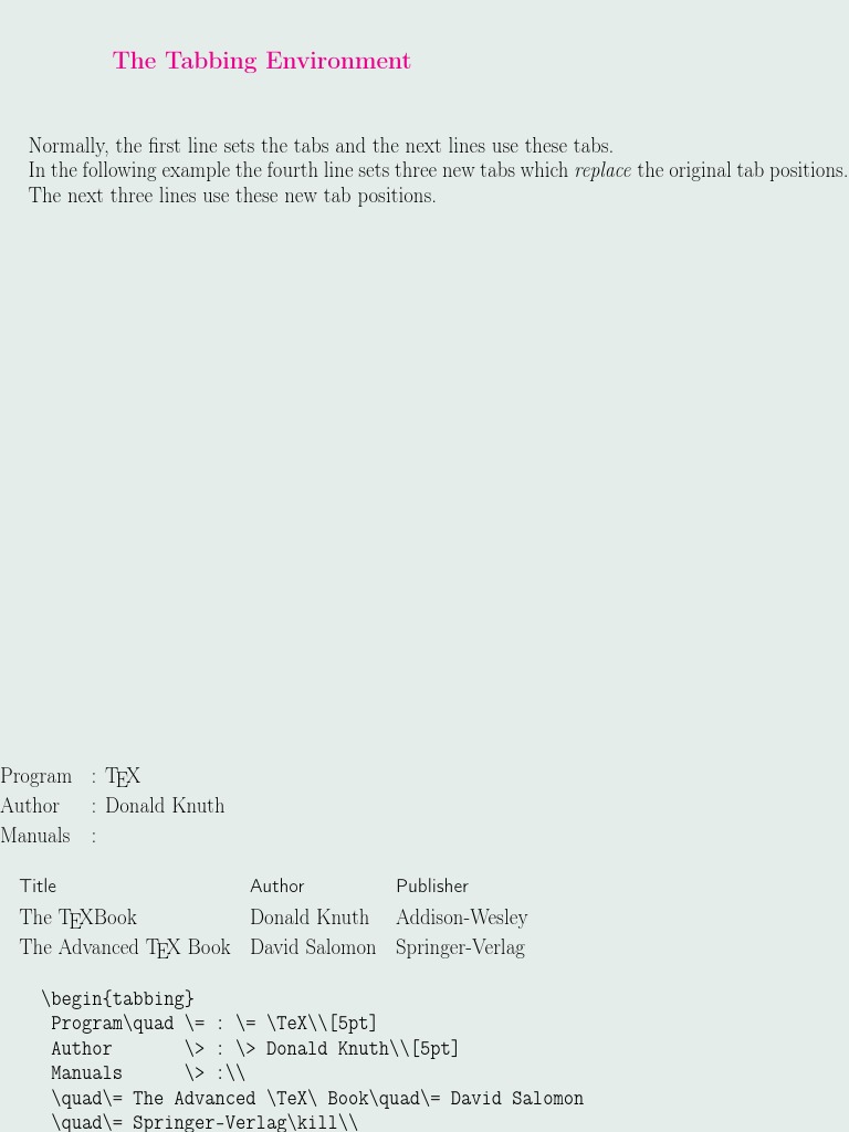 The Tabbing Environment PDF Te X Software