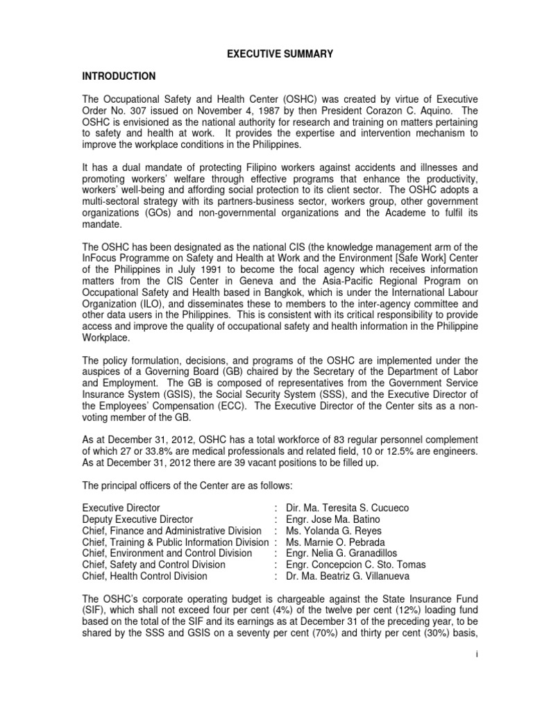 Occupational Safety and Health Center Executive Summary 2012 | PDF