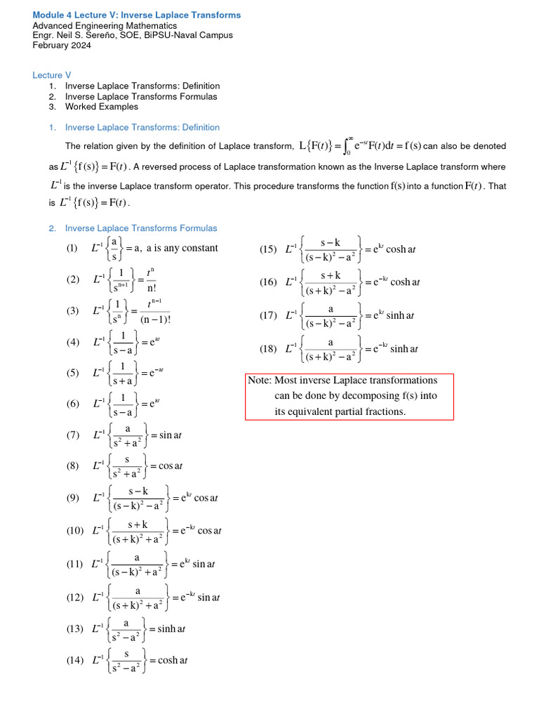 Module 4 Lecture 5 Inverse Laplace Transforms | PDF | Laplace Transform ...