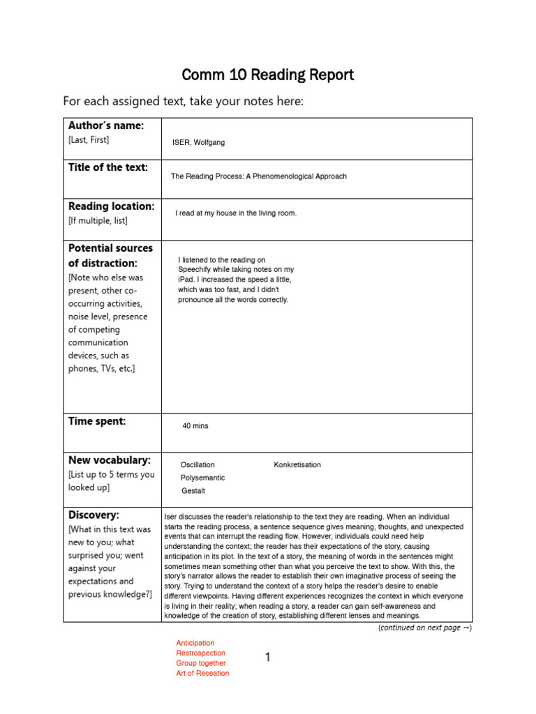 Comm 10 Reading Report Guide | PDF | Language Arts & Discipline ...