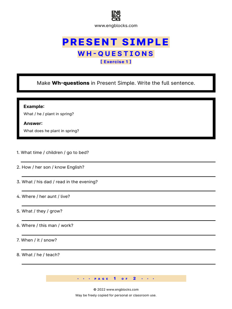 Present Simple Wh Question Exercise 1 Pdf