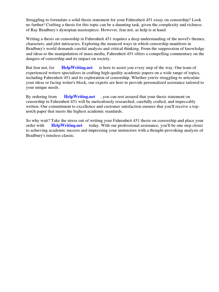 Fahrenheit 451 Thesis Statement Censorship | PDF | General Fiction