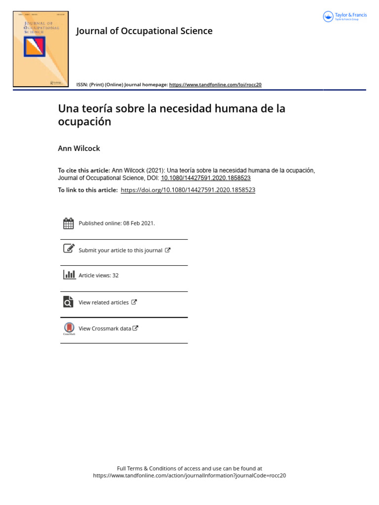 Una Teor A Sobre La Necesidad Humana de La Ocupaci N Wilcock | PDF | Comportamiento | Mente