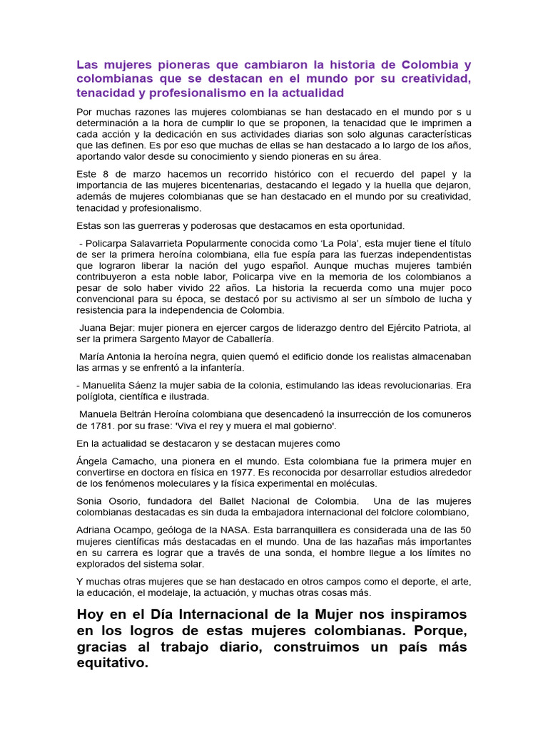 Las Mujeres Pioneras Que Cambiaron La Historia de Colombia y Colombianas Que Se Destacan en El ...