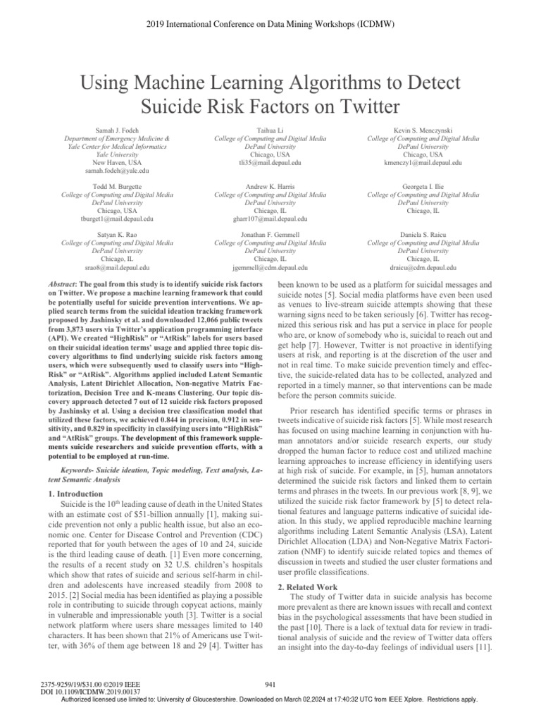 Using Machine Learning Algorithms To Detect Suicide Risk Factors On Twitter | PDF | Cluster ...