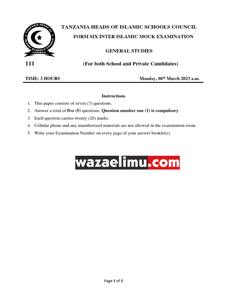Form Six General Studies Mock Exam 2023 | PDF | Politics | Travel