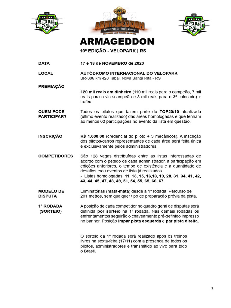 Regulamento - ARMAGEDDON - 2023-VELOPARK Final | PDF