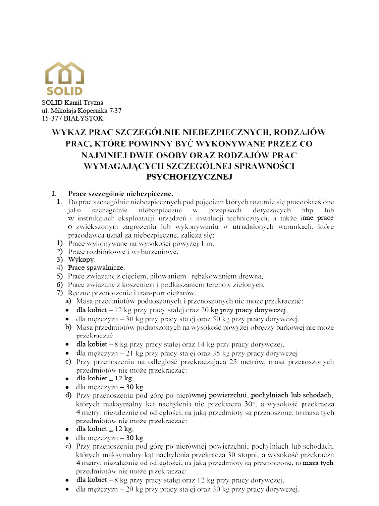 Wykaz Prac Szczególnie Niebezpiecznych I Wykonywanych Przez 2 Osoby | PDF
