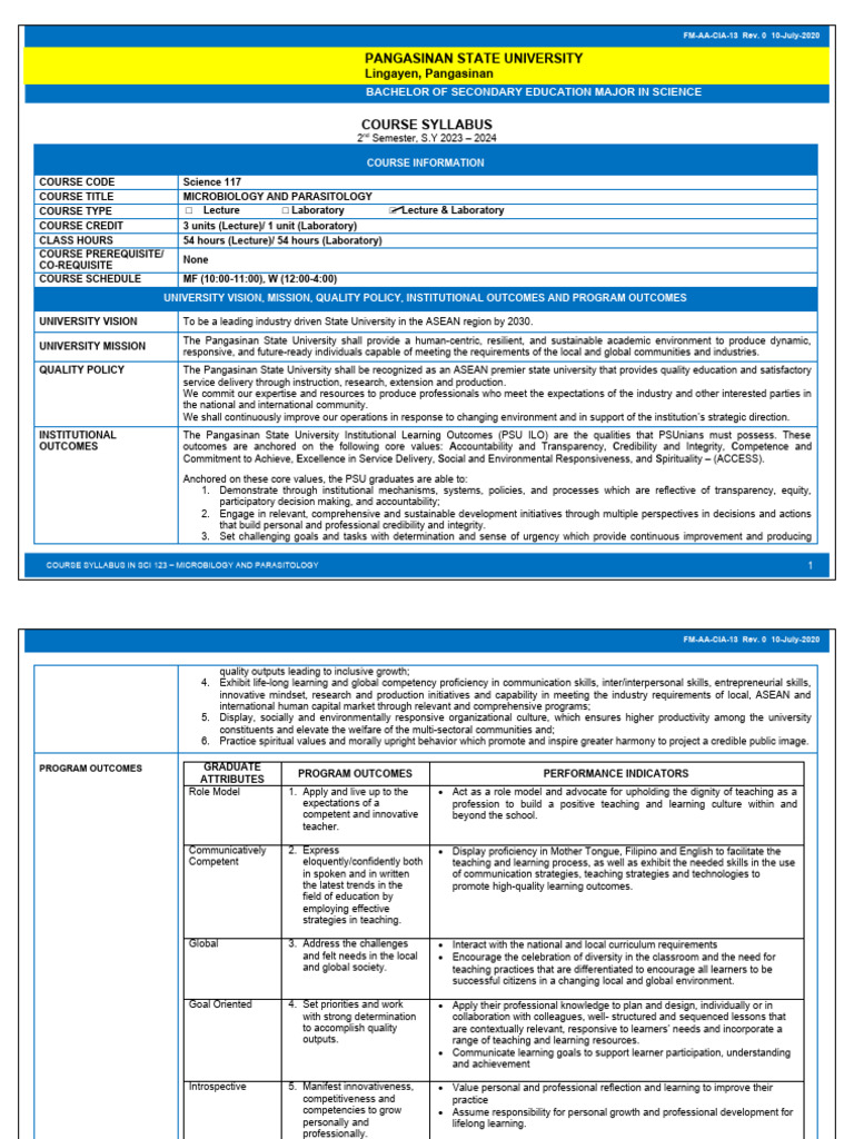 2023-2024-Sci117-Microbiology-and-Parasitology-Course-Syllabus | PDF ...