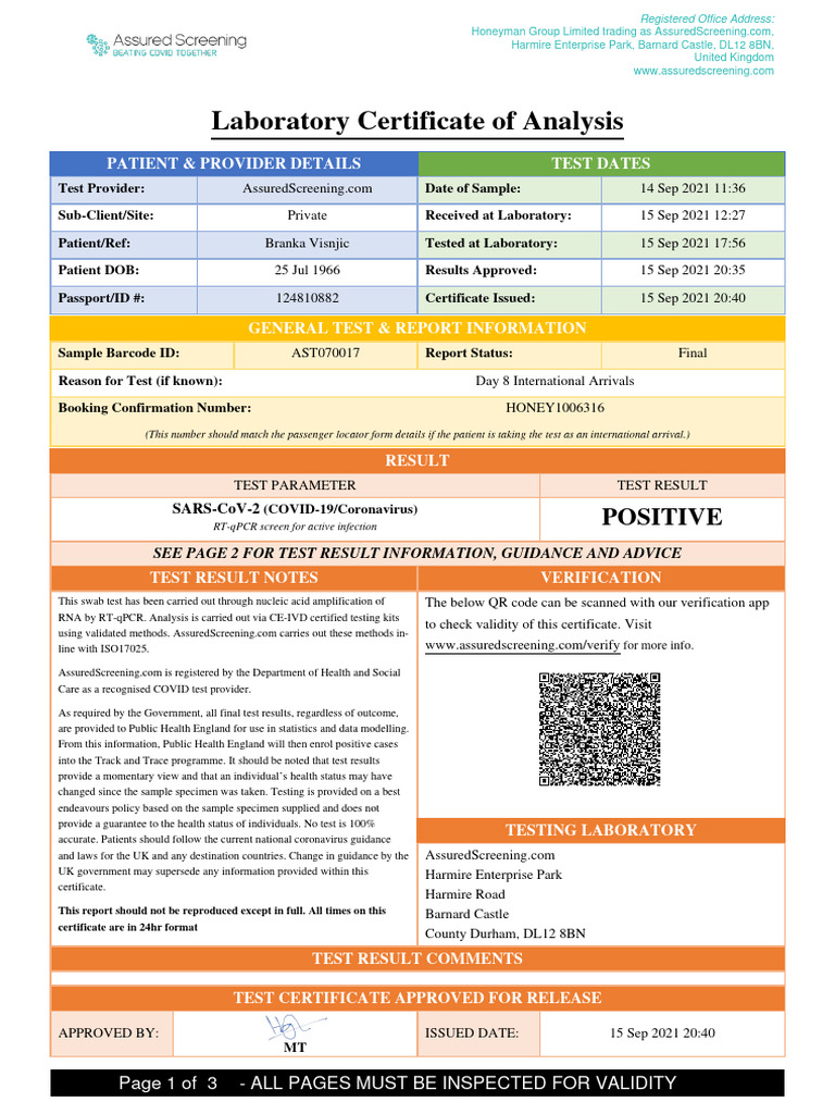 Covid 19 Test Result Certificate AST070017 | PDF | Quarantine | Real ...