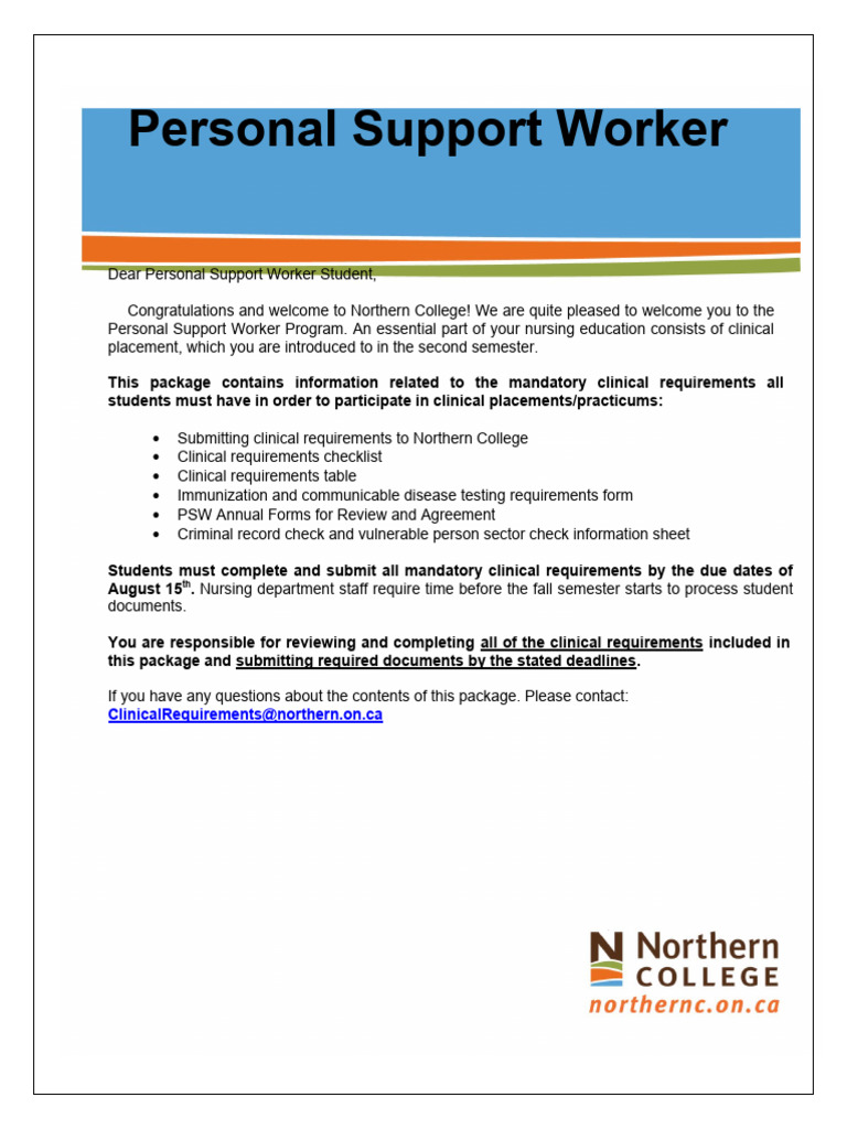 PSW Clinical Requirements Package Fall 2023 International | Download ...