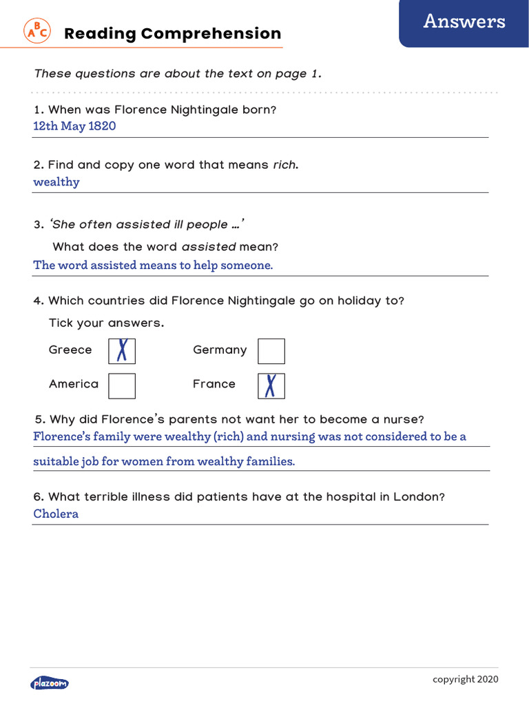 KS2 Florence Nightingale Pack - Comprehension Answers | PDF | Florence ...