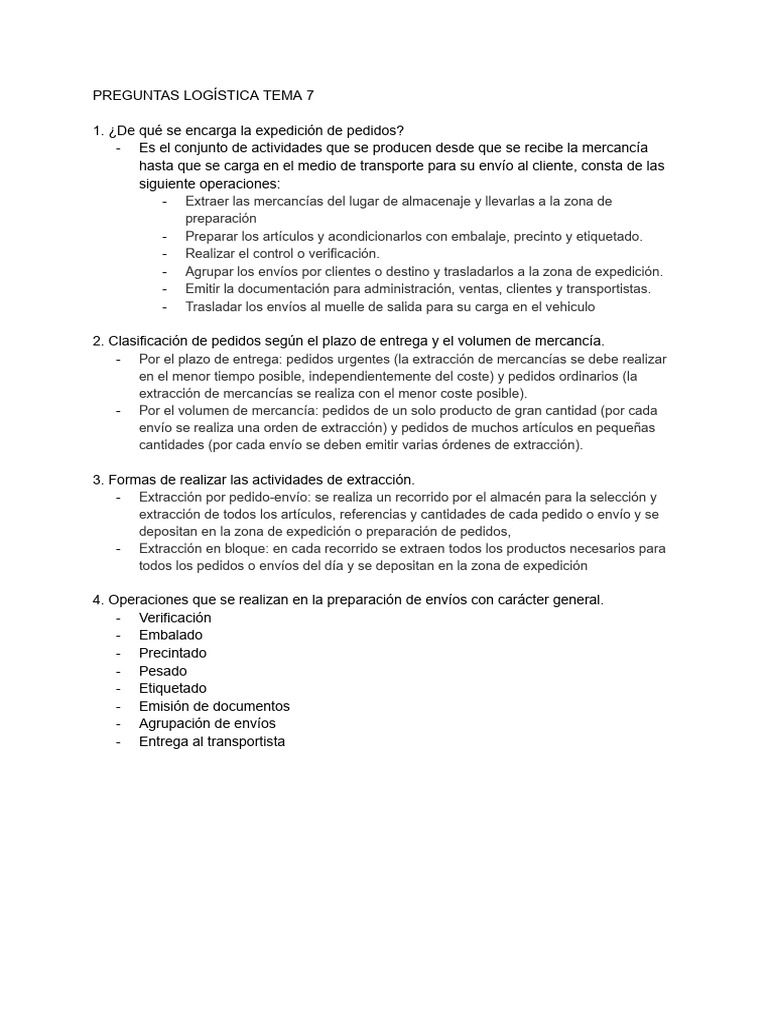 Preguntas Logística Tema 7 | PDF