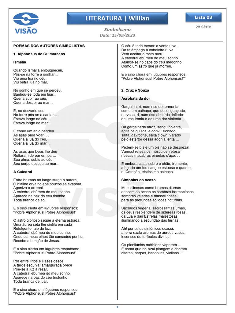 Progressão Textual - 2 Série - Simbolismo | PDF | Fenômenos ...