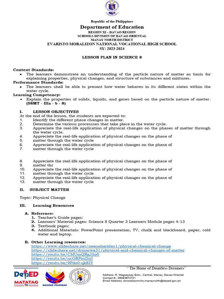 Lesson Plan in Science 8 3RD Quarter | PDF | Evaporation | Phase (Matter)
