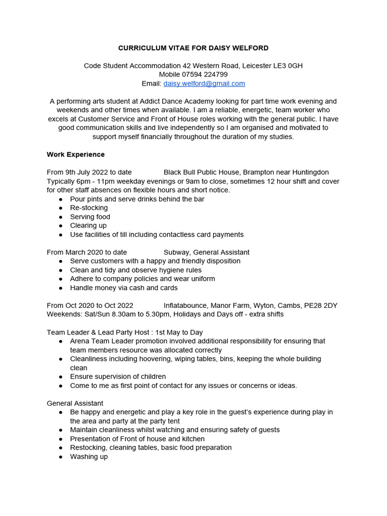 Curriculum Vitae For Daisy Welford | PDF