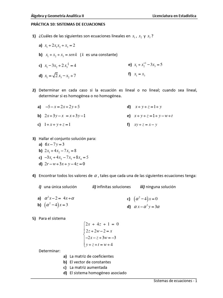 10 - Práctica - Sistemas de Ecuaciones Lineales | PDF | Ecuaciones | Matriz (Matemáticas)