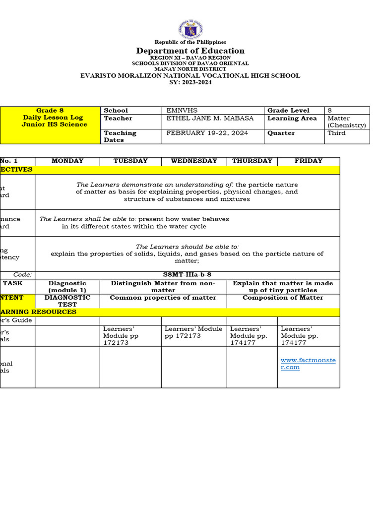 Grade 8 Quarter 3 Daily Lesson planFINAL | PDF | Matter | Evaporation