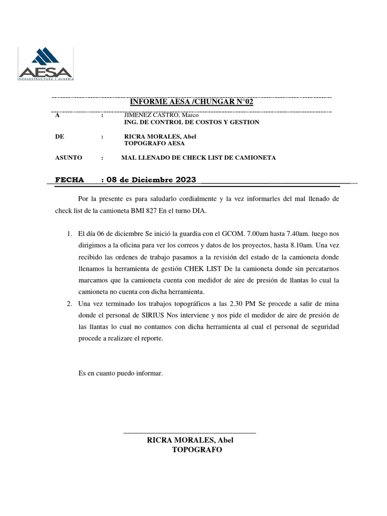 INFORME DE MAL LLENADO DE CHECK LIST | PDF