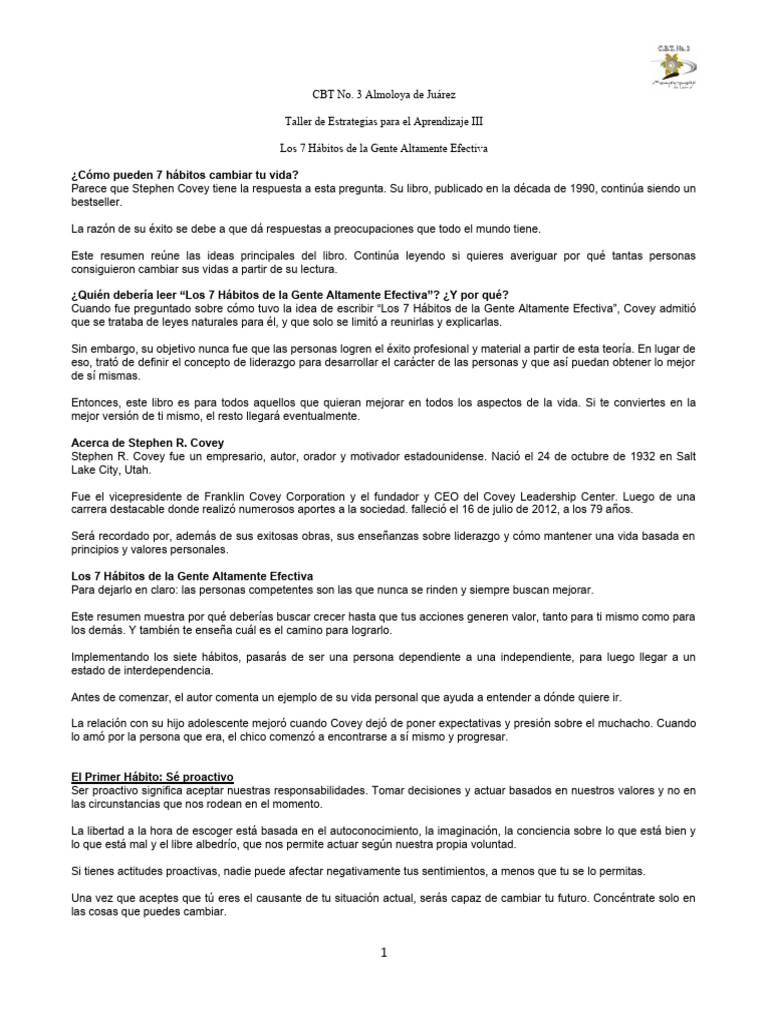 Los 7 Hábitos de La Gente Altamente Efectiva | PDF