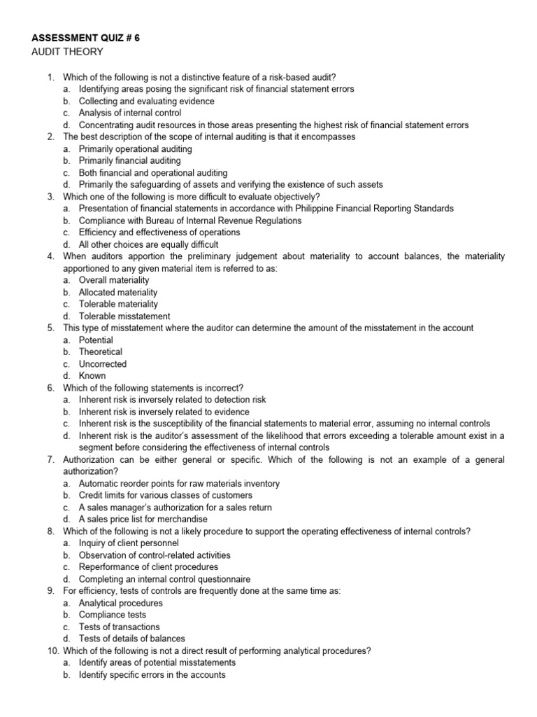 Assessment Quiz 6 (Icare b3) | PDF | Audit | Internal Control