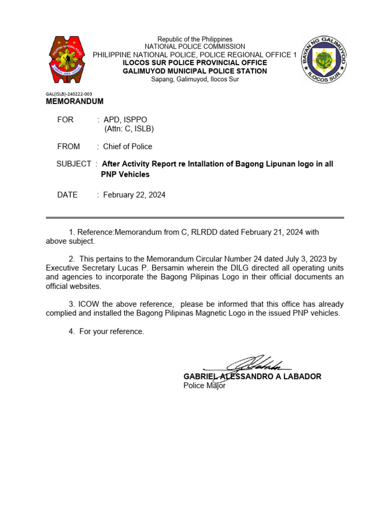 After Activity Report Re Intallation of Bagong Lipunan Logo in All PNP ...