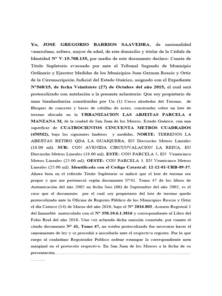 Aclaratoria Jose G Barrios | PDF