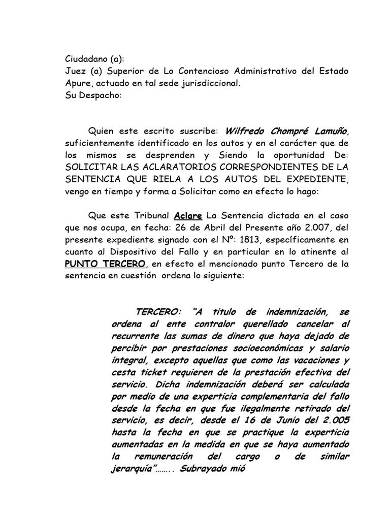 Solicitud de Aclaratoria de Sentencia | PDF | Sentencia (ley) | Justicia