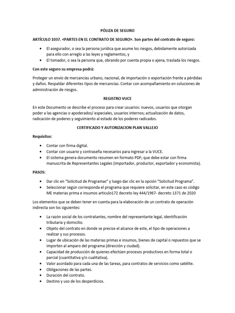 Documentos Plan Vallejo | PDF | Póliza de seguros | Economias