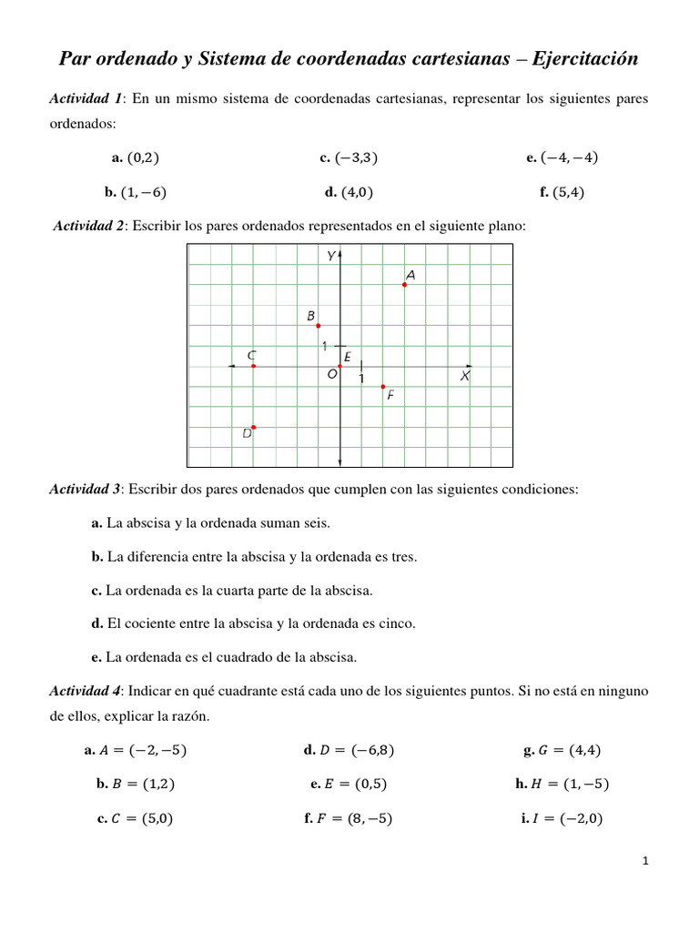 Par Ordenado y Sistema de Coordenadas Cartesianas - Ejercitaci-N | PDF