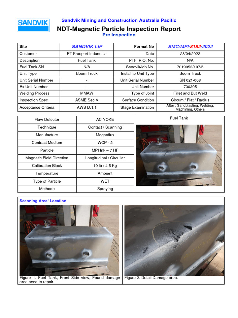 107.8182.MPI - Pre.Unit.730395.Fuel Tank | PDF | Nondestructive Testing ...
