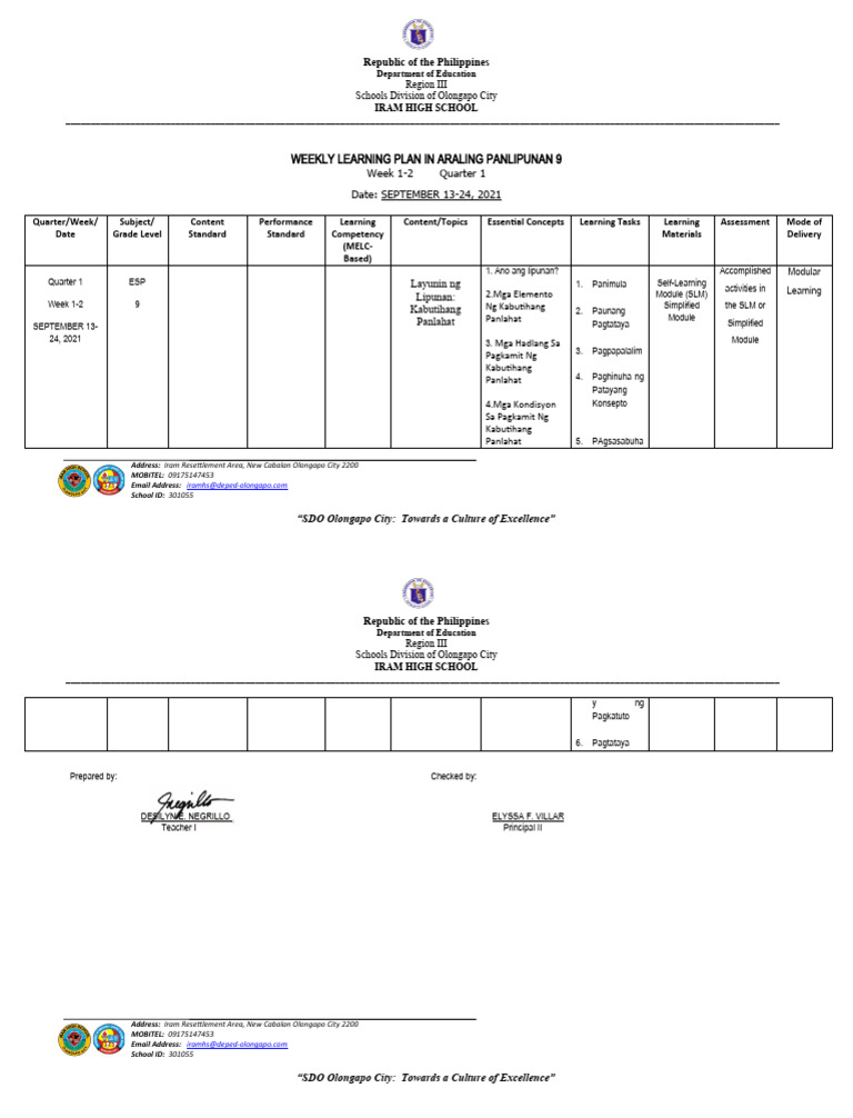 Esp 9 Week 1-2 Weekly Learning Plan Week | PDF