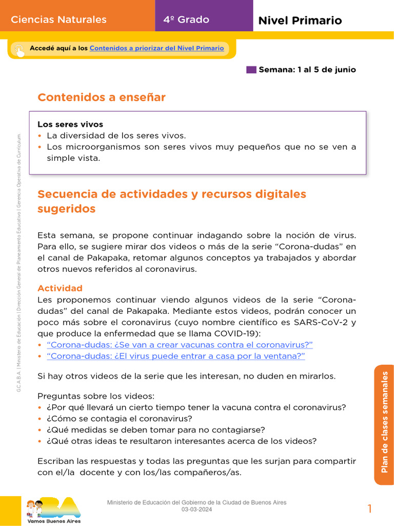 c83032 Plan Clases Prim Csnat 4 q1junio | PDF | Plan de estudios