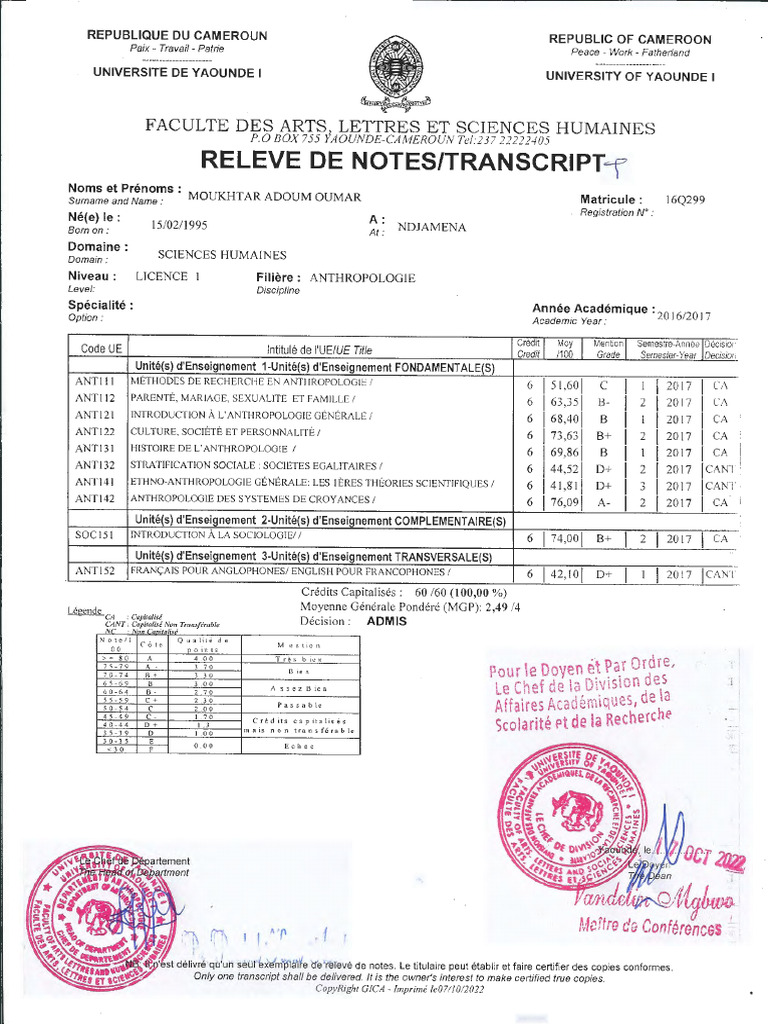 Relevé de Note de Licence 1 | PDF