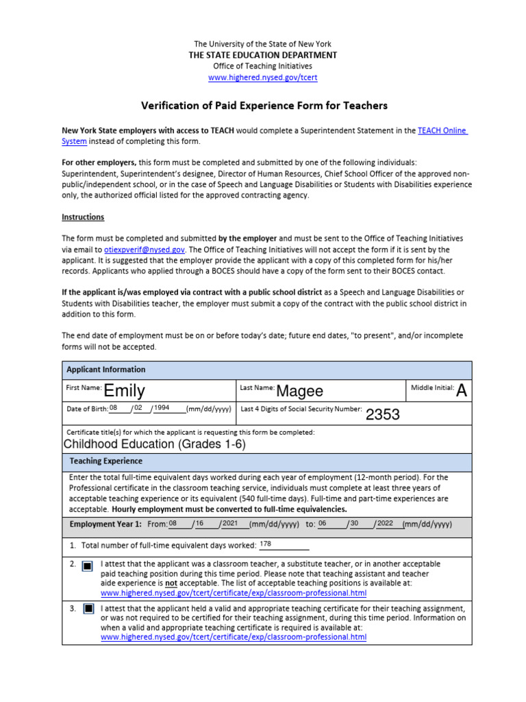 Emily Magee Verification of Paid Experience | PDF