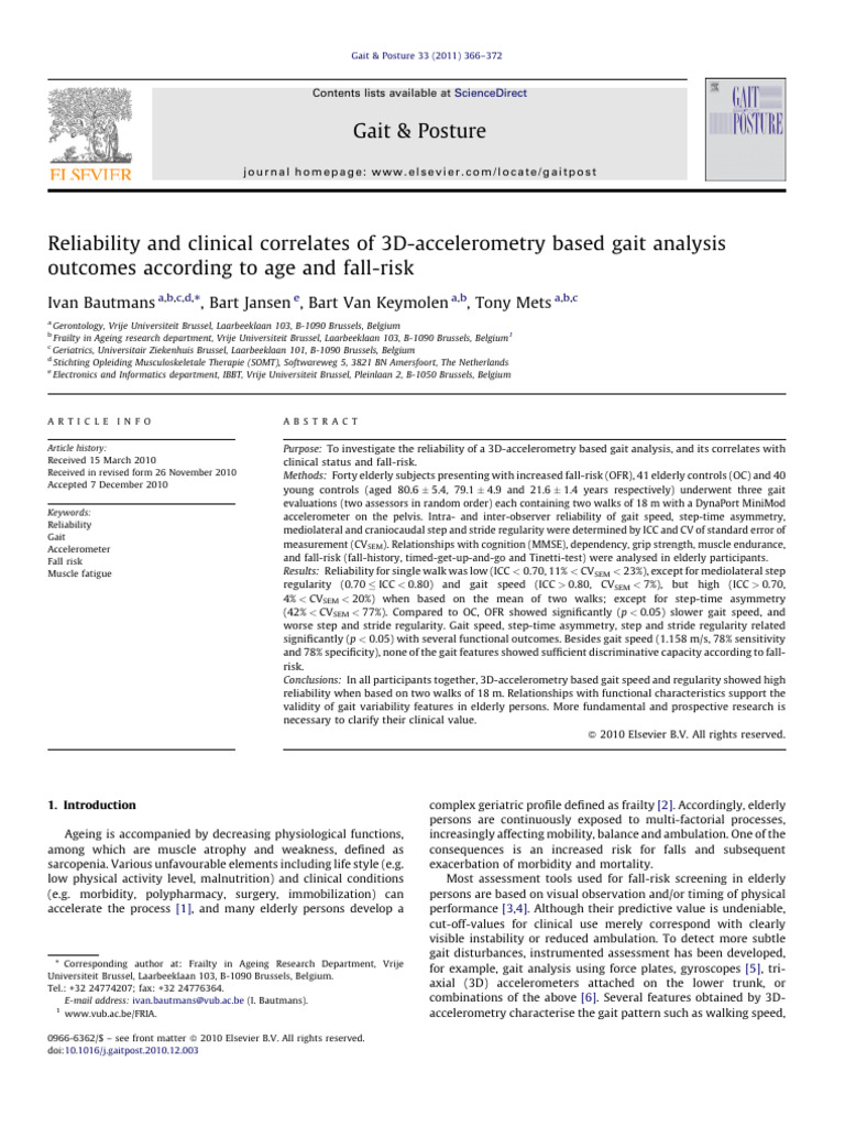 Reliability And Clinical Correlates Of 3d Accelerometry Based Gait Analysis Outcomes According