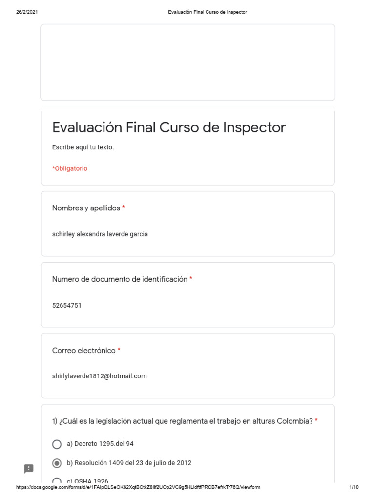 Evaluación Final Curso de Inspector DINAMIK | PDF