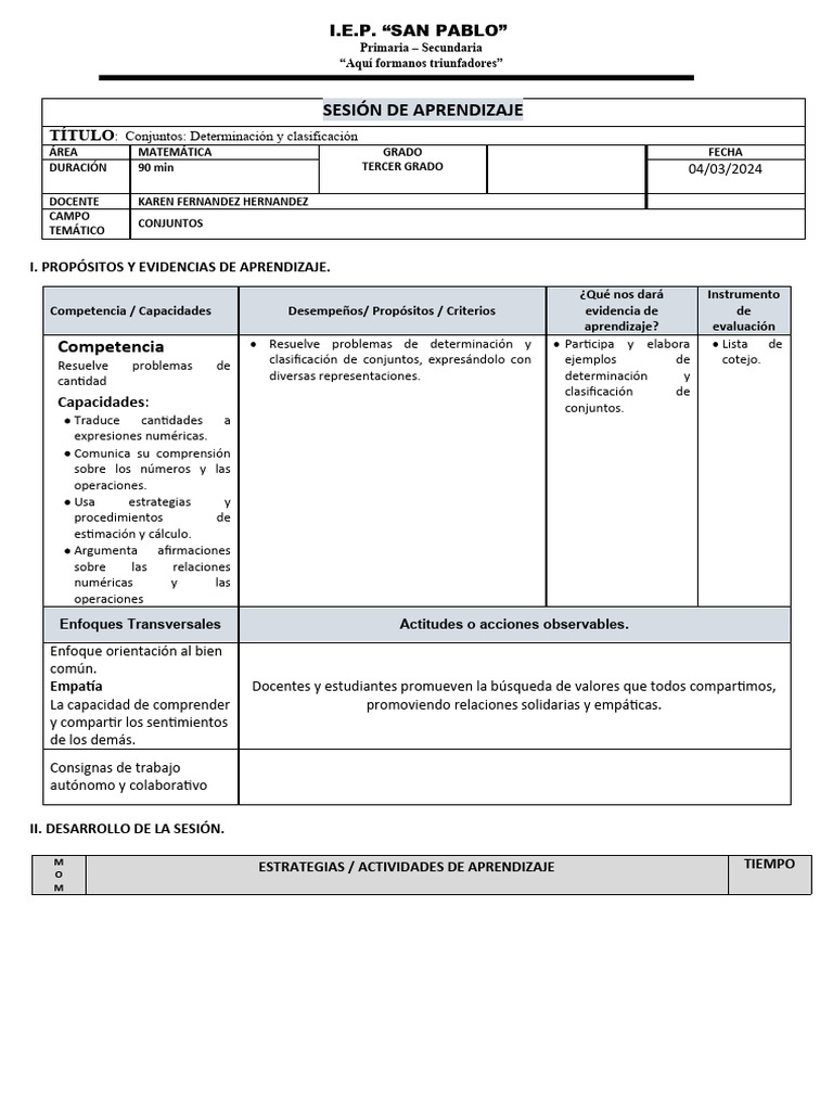 1 SESION CONJUNTOS DETERMINACIÓN Y CLASIFICACIÓN - ARIT - 3ro | PDF | Aprendizaje | Conjunto ...