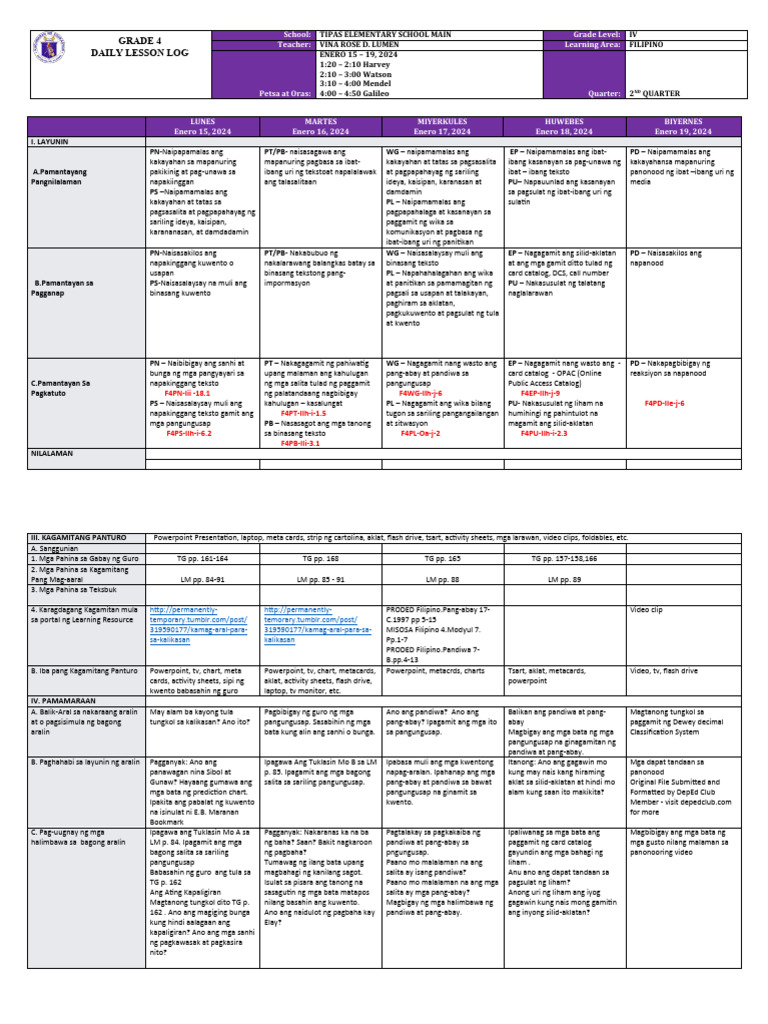 DLL Filipino-4 Q2 W9 | PDF