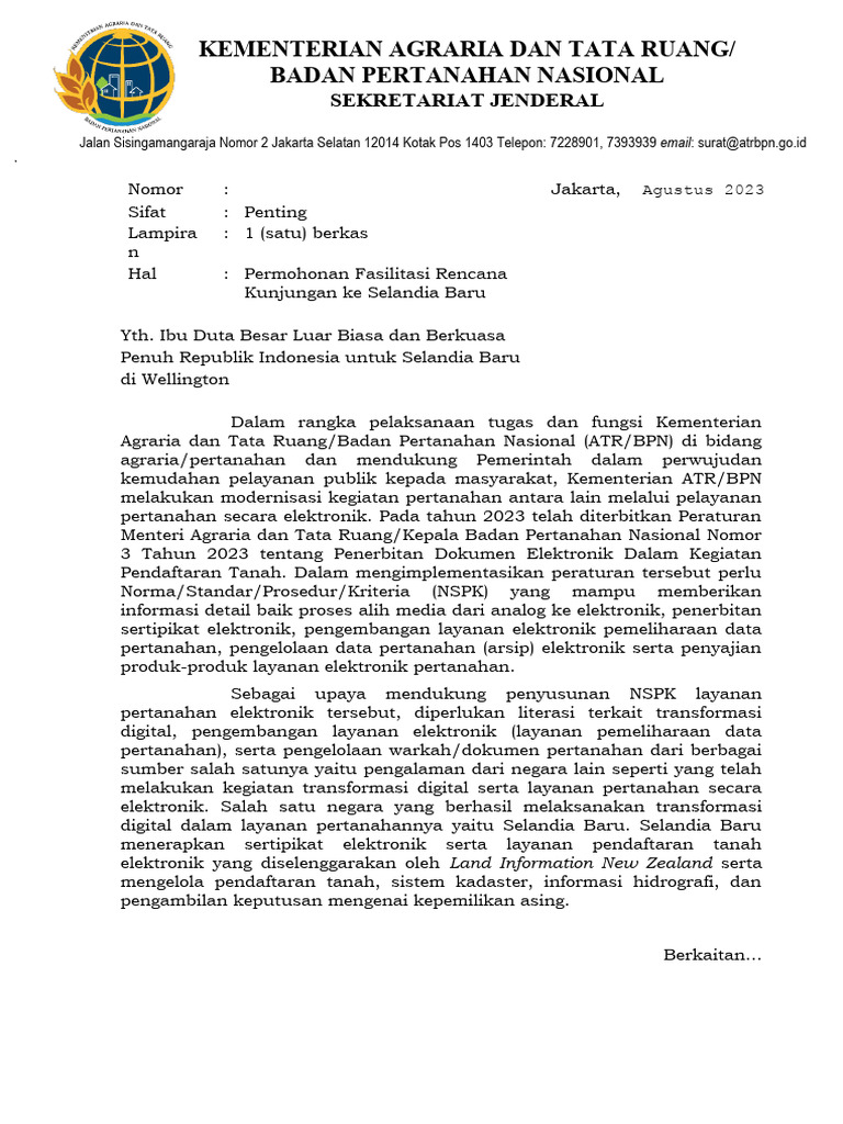 Surat Pengantar KBRI - Studi Banding Ke Selandia Baru | PDF