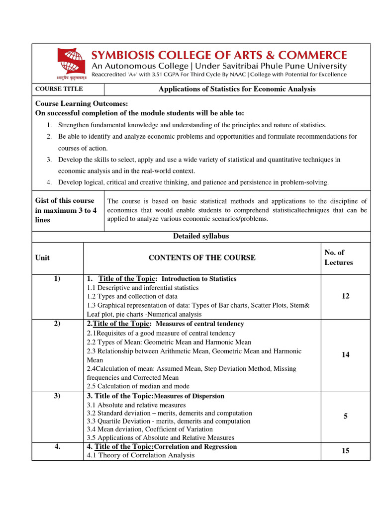 SYLLABUS - Applications of Statistics For Economic Analysis | PDF