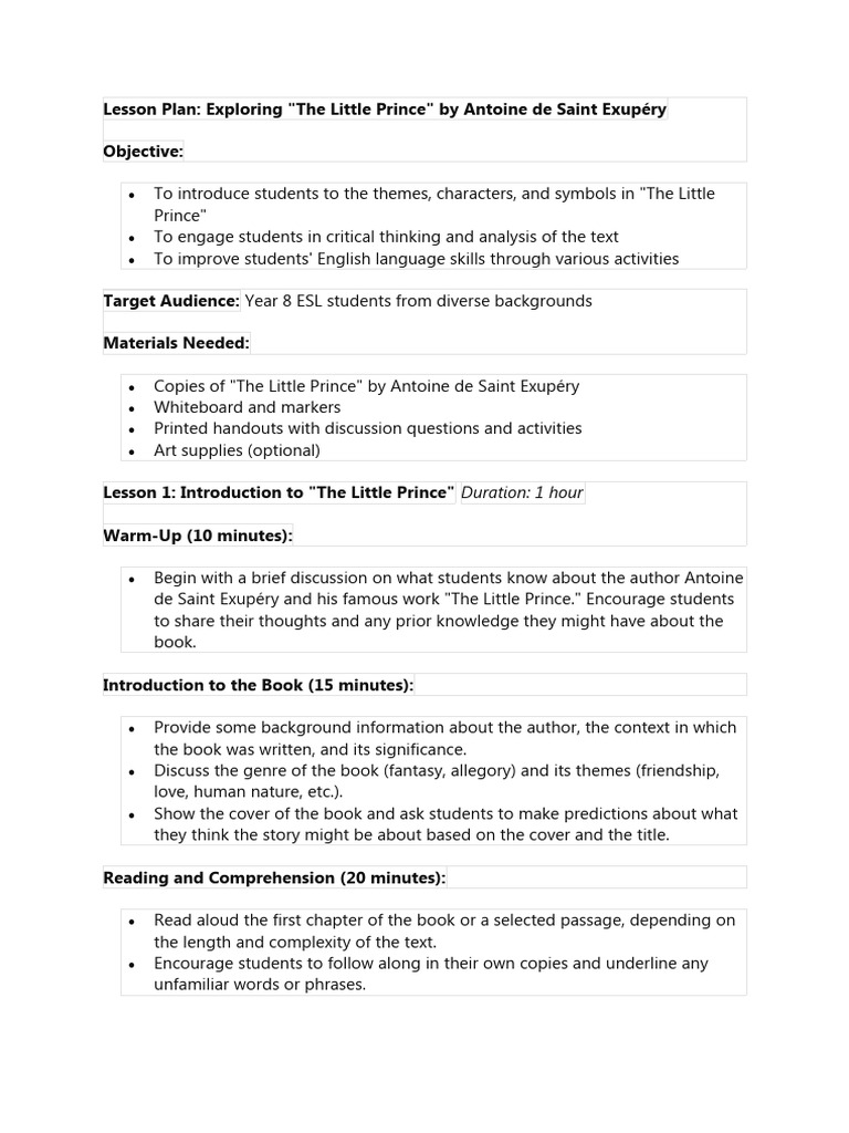 Lesson Plan For Little Prince | PDF | Classics