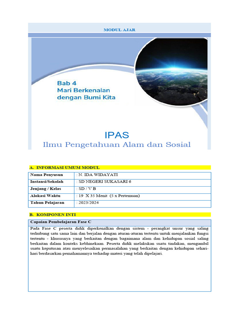 Modul Ajar IPAS Kelas 5 - BAB 4 Mari Berkenalan Dengan Bumi Kita | PDF