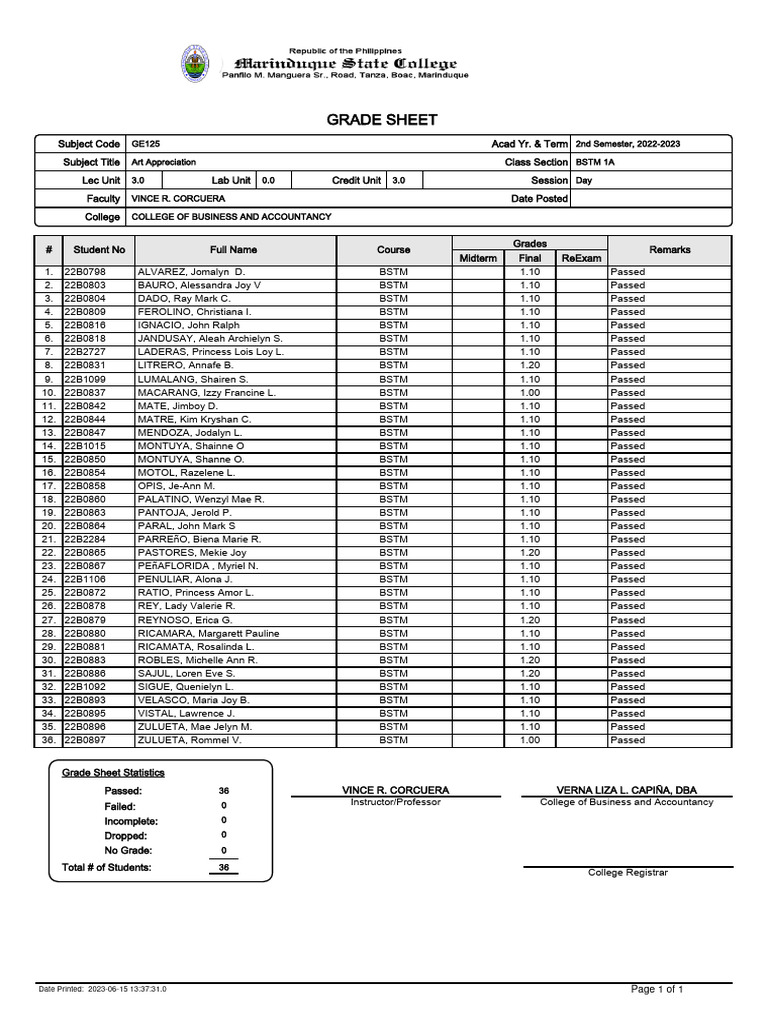 Grade Sheet Basc | PDF