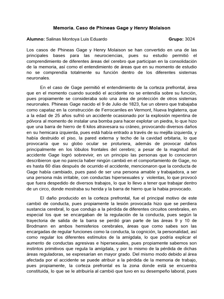 Memoria. Caso de Phineas Gage y Henry Molaison - Resumen | PDF ...
