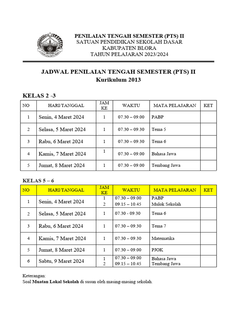 Jadwal Pts & Sts 2 2023-2024 | PDF