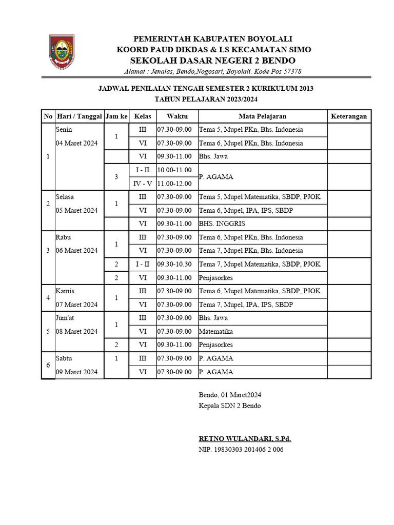 Jadwal PTS 2 2023 - 2024 | PDF