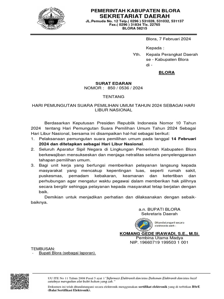 Surat Edaran Libur Pemilu | PDF