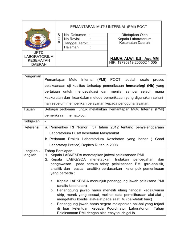 SOP Pemantapan Mutu Internal POCT | PDF